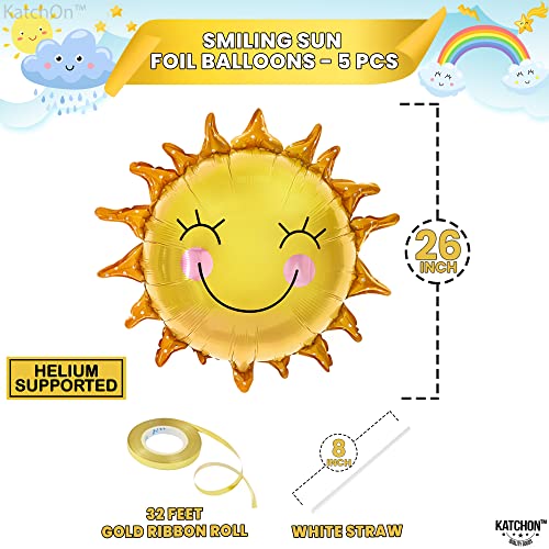 KatchOn, Smile Face Sun Balloons for Party - 26 Inch, Pack of 5 | Mylar Sunshine Balloons, Summer Balloons for Sunshine First Birthday Decorations | First Trip Around The Sun Birthday Decorations