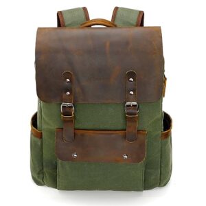 modoker waxed canvas backpack, leather rucksack knapsack for men woman vintage travel laptop backpack 15.6 inch satchel backpack, retro flap backpacks canvas casual daypack, green