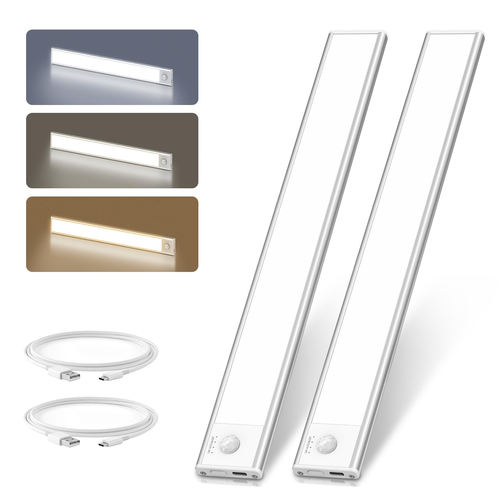 Motion Sensor Under Cabinet Light, 60 LED Closet Lights, 12" Wireless Rechargeable Under Counter Lights, Magnetic Dimmable Strip Lighting for Kitchen, Hallway, Stairway 2 Pack