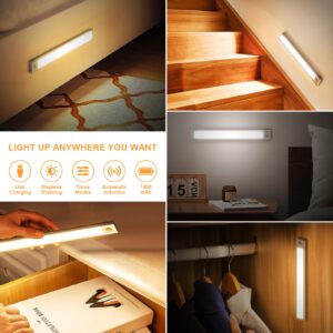 Motion Sensor Under Cabinet Light, 60 LED Closet Lights, 12" Wireless Rechargeable Under Counter Lights, Magnetic Dimmable Strip Lighting for Kitchen, Hallway, Stairway 2 Pack