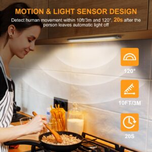 Motion Sensor Under Cabinet Light, 60 LED Closet Lights, 12" Wireless Rechargeable Under Counter Lights, Magnetic Dimmable Strip Lighting for Kitchen, Hallway, Stairway 2 Pack