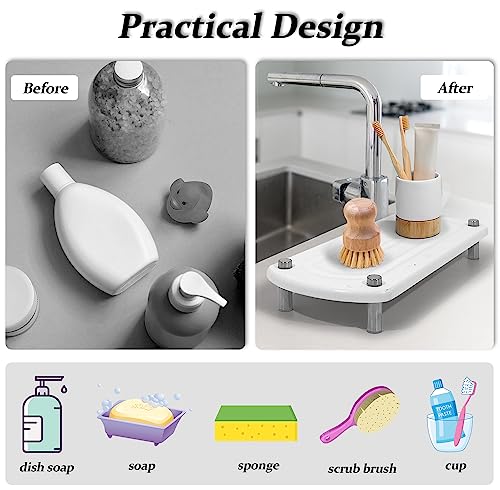 JAEZZIY Sink Caddy Instant Dry Bathroom Kitchen Sink Organizer, Sponge Holder for Kitchen Sink Diatomaceous Earth Water Absorbing Stone Sink Tray for Sponge, Soap Bottles, Toothbrush Cup, (White)