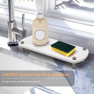 JAEZZIY Sink Caddy Instant Dry Bathroom Kitchen Sink Organizer, Sponge Holder for Kitchen Sink Diatomaceous Earth Water Absorbing Stone Sink Tray for Sponge, Soap Bottles, Toothbrush Cup, (White)