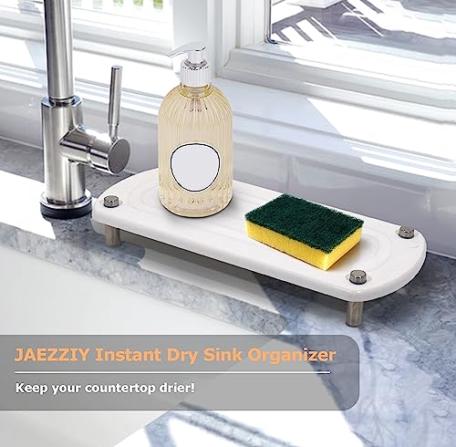 JAEZZIY Sink Caddy Instant Dry Bathroom Kitchen Sink Organizer, Sponge Holder for Kitchen Sink Diatomaceous Earth Water Absorbing Stone Sink Tray for Sponge, Soap Bottles, Toothbrush Cup, (White)