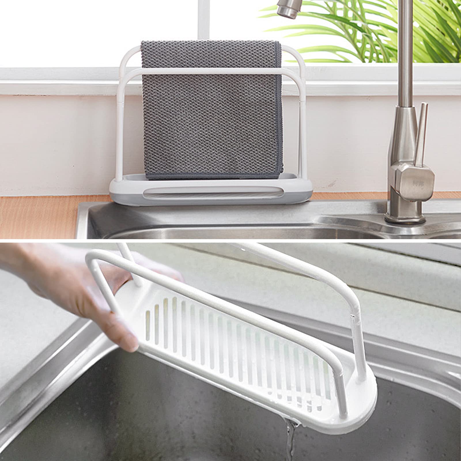 BLLREMIPSUR Kitchen Sink Sponge Holder Dishcloth Hanger, Tap Storage Rack, 2 in 1 Tray Organizer Stand with Drain for Rag, Brush, Scrubber