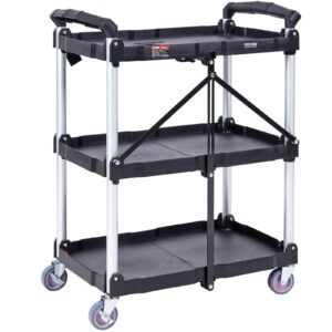 VEVOR Foldable Utility Service Cart, 3 Shelf 165LBS Heavy Duty Plastic Rolling Cart with 360° Swivel Wheels (2 with Brakes), Ergonomic Handle, Portable Garage Tool Cart for Warehouse Office Home