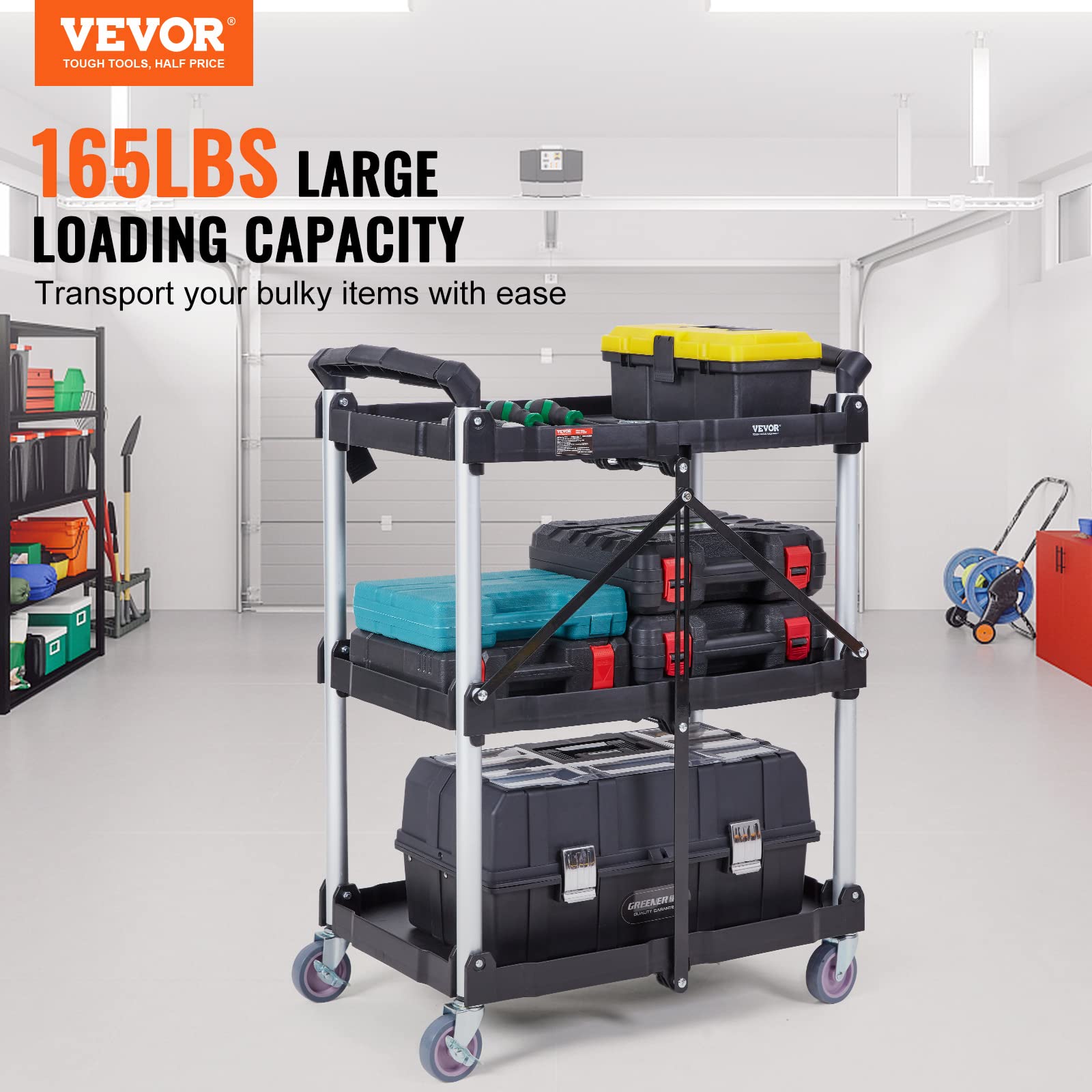 VEVOR Foldable Utility Service Cart, 3 Shelf 165LBS Heavy Duty Plastic Rolling Cart with 360° Swivel Wheels (2 with Brakes), Ergonomic Handle, Portable Garage Tool Cart for Warehouse Office Home