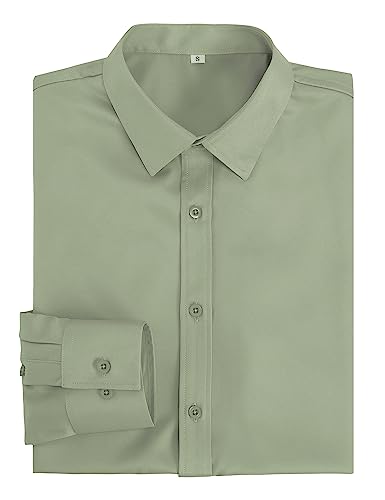 AstoSeu Men's Muscle Dress Shirts Slim Fit Wrinkle-Free Long Sleeve Casual Button Down Shirt Light Green L