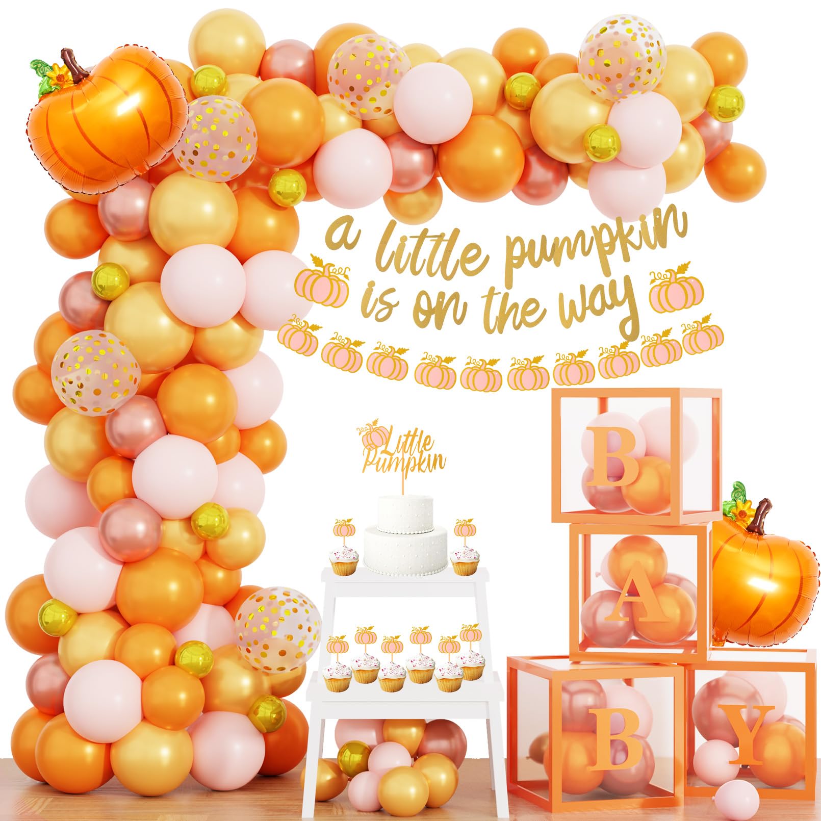 Little Pumpkin Baby Shower Balloon Boxes Decorations, Fall Orange Balloon Garland A Little Pumpkin is On The Way Banner for Autumn Thanksgiving 1st Birthday Girl Gender Reveal Welcome Party Supplies