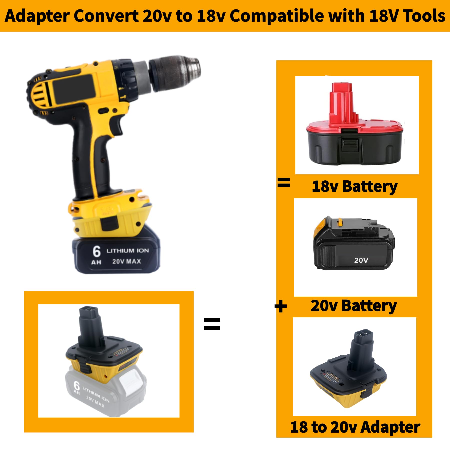 Swidan Battery Adapter DCA1820 Compatible with Dewalt 18V Tool, Convert 20V Lithium Batteries DCB201 DCB203 to Replace for 18 Volt NiCad &NiMh Battery DC9096 DE9096 DW9099