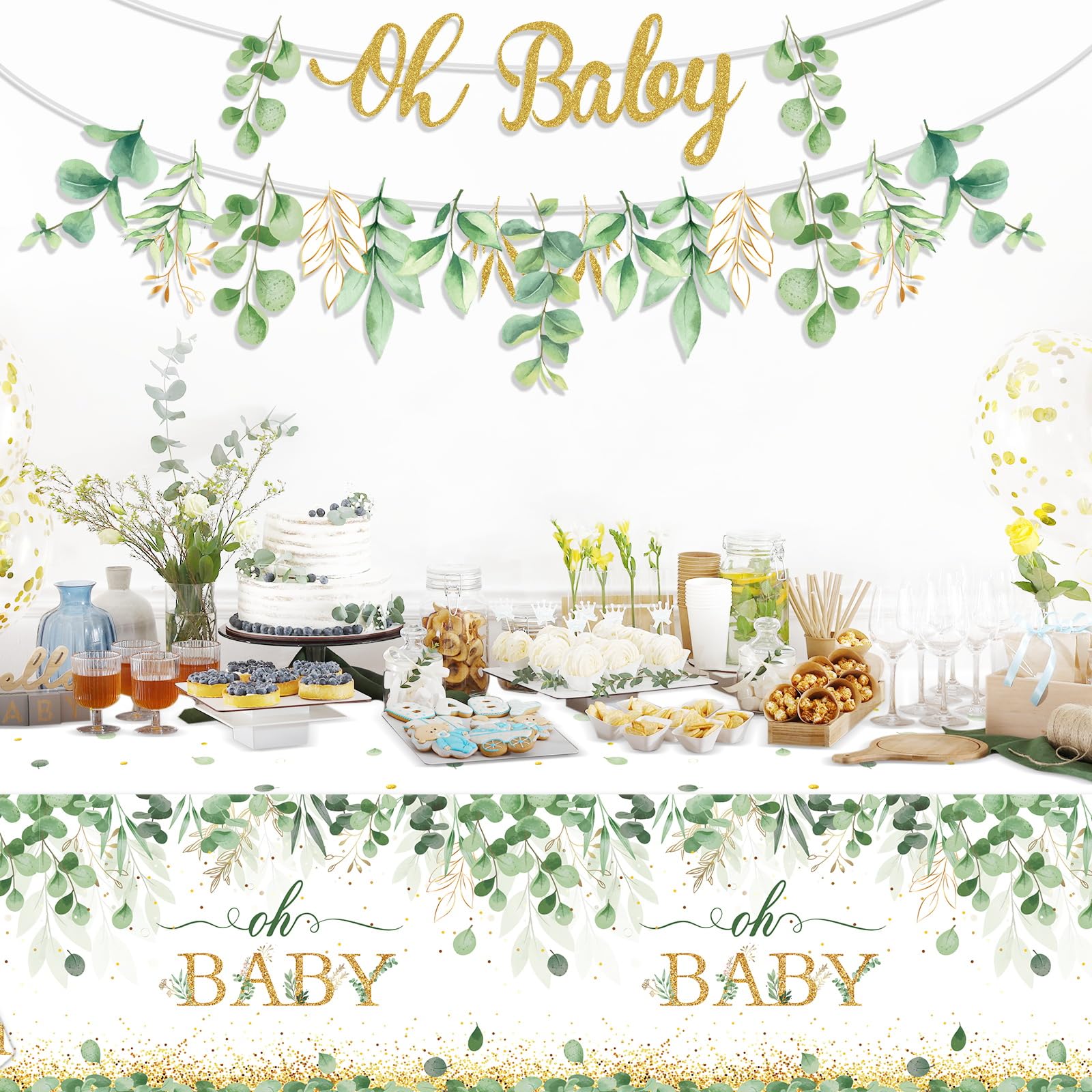 Greenery Baby Shower Banner Eucalyptus Leaves Oh Baby Tablecloth for Kids Green Eucalyptus Sign Welcome Oh Baby Table Cover Welcome Baby Shower Eucalyptus Birthday Gender Neutral Party Decoration