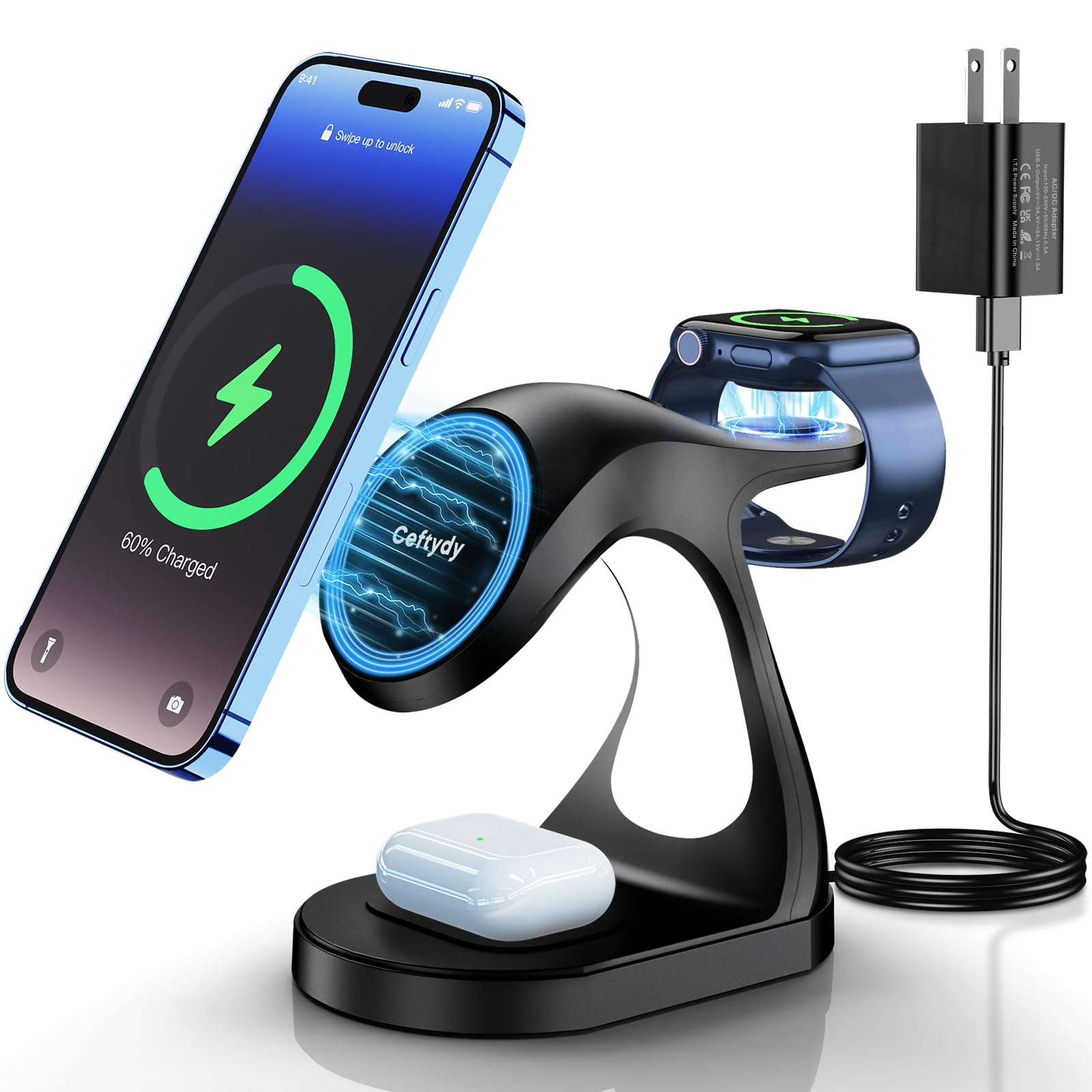 3 in 1 Magnetic Wireless Charging Station for Apple Devices, Ceftydy 20W Fast Mag-Safe Charger Stand with Adapter and LED, for iPhone 15,14,13,12 Pro/Pro Max/Plus/Mini, Apple Watch & AirPods