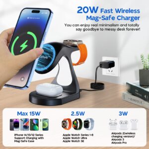 3 in 1 Magnetic Wireless Charging Station for Apple Devices, Ceftydy 20W Fast Mag-Safe Charger Stand with Adapter and LED, for iPhone 15,14,13,12 Pro/Pro Max/Plus/Mini, Apple Watch & AirPods