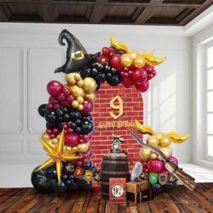 magic wizard school balloon garland kit 132pcs burgundy black gold with bonus diy wizard hat for magic theme birthday decorations magic theme baby shower