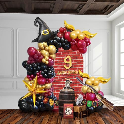 Magic Wizard School Balloon Garland Kit 132pcs Burgundy Black Gold With BONUS Diy Wizard Hat for Magic theme Birthday Decorations Magic Theme Baby Shower