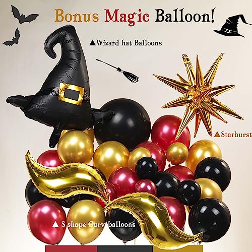 Magic Wizard School Balloon Garland Kit 132pcs Burgundy Black Gold With BONUS Diy Wizard Hat for Magic theme Birthday Decorations Magic Theme Baby Shower