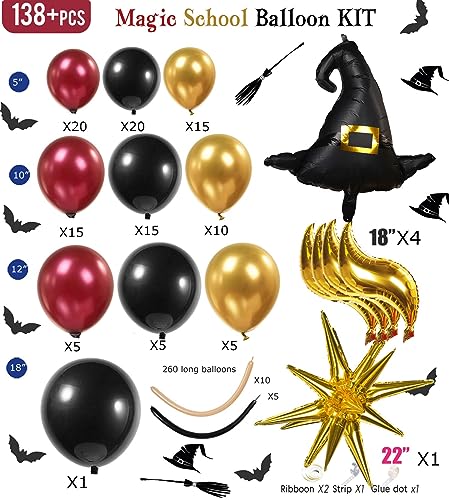 Magic Wizard School Balloon Garland Kit 132pcs Burgundy Black Gold With BONUS Diy Wizard Hat for Magic theme Birthday Decorations Magic Theme Baby Shower