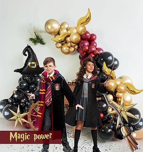 Magic Wizard School Balloon Garland Kit 132pcs Burgundy Black Gold With BONUS Diy Wizard Hat for Magic theme Birthday Decorations Magic Theme Baby Shower