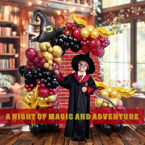 Magic Wizard School Balloon Garland Kit 132pcs Burgundy Black Gold With BONUS Diy Wizard Hat for Magic theme Birthday Decorations Magic Theme Baby Shower