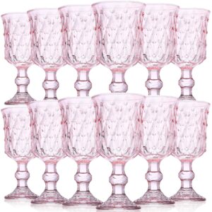 12 packs glass goblet set, pink wine glasses glassware goblet, 7 oz drinking glasses water goblets vintage drinking glassware embossed wine glass solid color glass goblet for wedding party restaurant