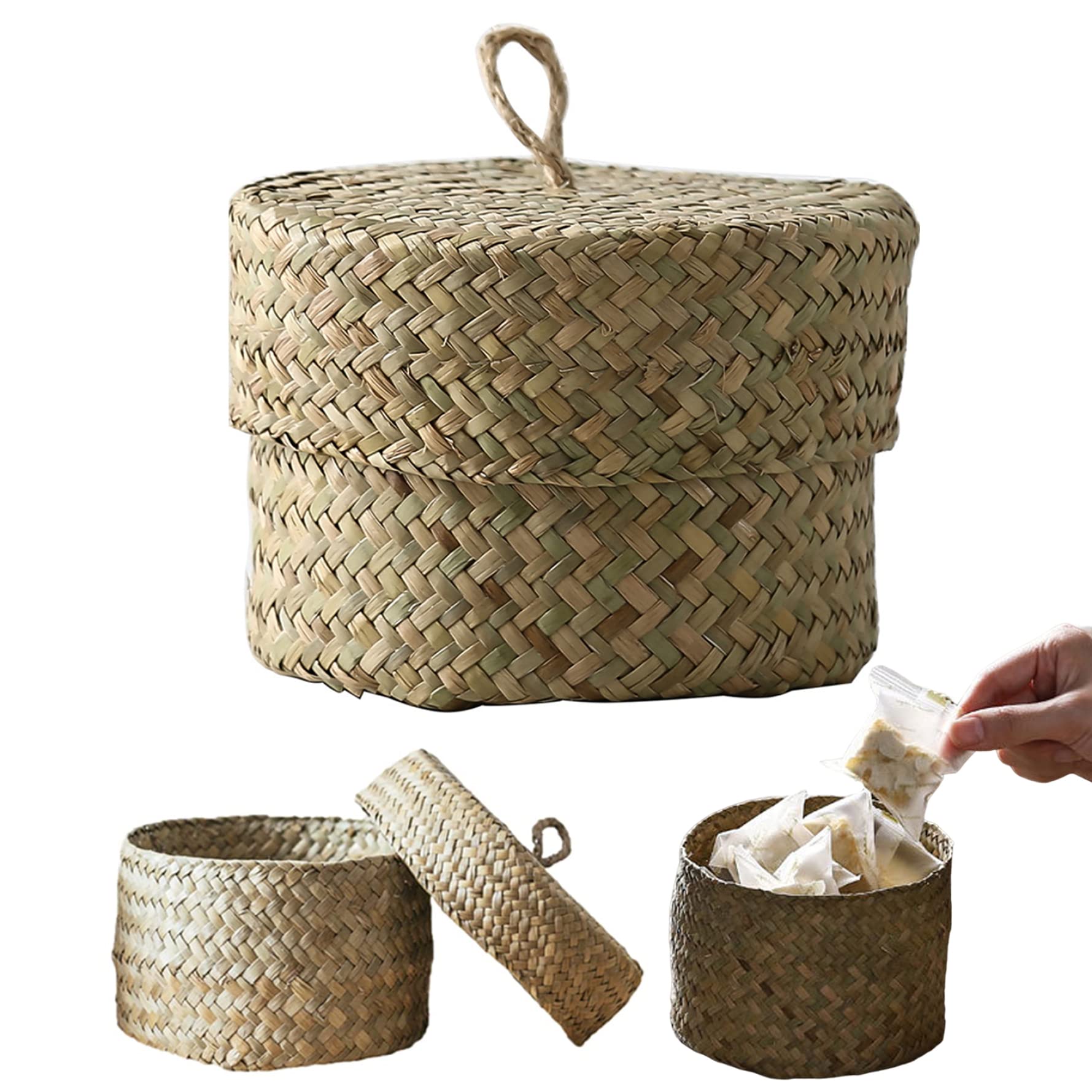 QmjdDymx Small Seagrass Storage Baskets with Lid Straw Round Storage Box with Handle Wicker Basket Home Organization for Snack, Keys Desktop Decor