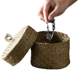 QmjdDymx Small Seagrass Storage Baskets with Lid Straw Round Storage Box with Handle Wicker Basket Home Organization for Snack, Keys Desktop Decor