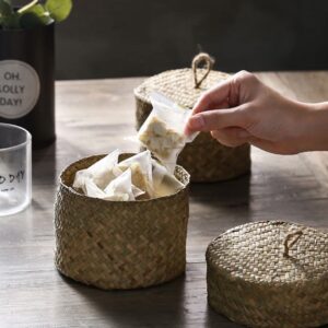 QmjdDymx Small Seagrass Storage Baskets with Lid Straw Round Storage Box with Handle Wicker Basket Home Organization for Snack, Keys Desktop Decor