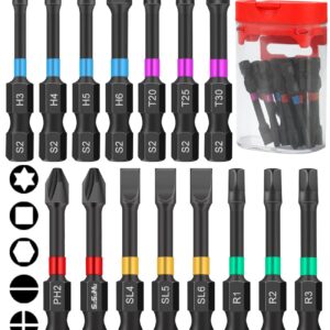 SuSuMu Impact Ready Magnetic Screwdriver Bits Set Stronger Magnet Screw Drill Bit 15PCS Anti Slip Torx Square Slotted Hex Head Phillips 2 Inch Long Drill Tips for Impact Driver Cordless Drill