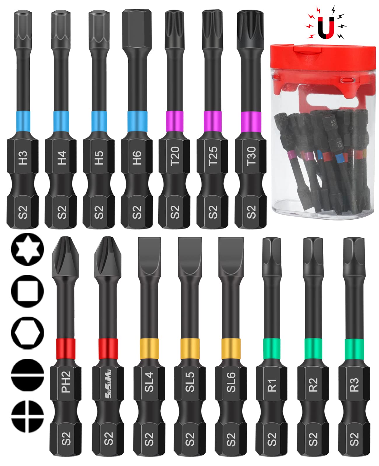 SuSuMu Impact Ready Magnetic Screwdriver Bits Set Stronger Magnet Screw Drill Bit 15PCS Anti Slip Torx Square Slotted Hex Head Phillips 2 Inch Long Drill Tips for Impact Driver Cordless Drill