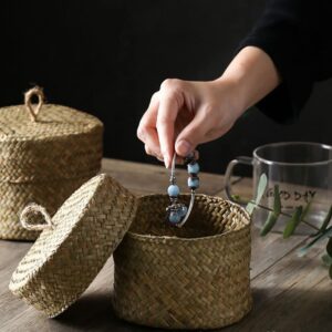 QmjdDymx Small Seagrass Storage Baskets with Lid Straw Round Storage Box with Handle Wicker Basket Home Organization for Snack, Keys Desktop Decor