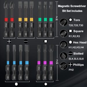 SuSuMu Impact Ready Magnetic Screwdriver Bits Set Stronger Magnet Screw Drill Bit 15PCS Anti Slip Torx Square Slotted Hex Head Phillips 2 Inch Long Drill Tips for Impact Driver Cordless Drill