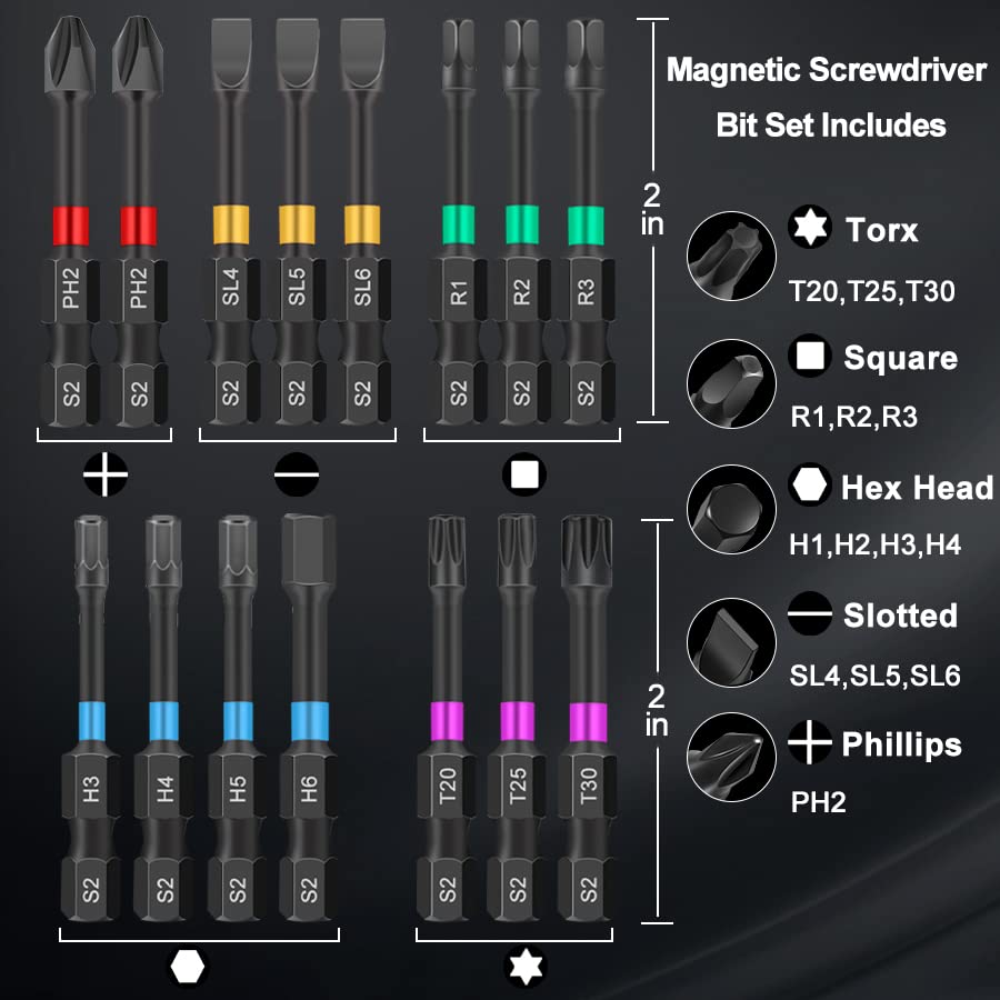 SuSuMu Impact Ready Magnetic Screwdriver Bits Set Stronger Magnet Screw Drill Bit 15PCS Anti Slip Torx Square Slotted Hex Head Phillips 2 Inch Long Drill Tips for Impact Driver Cordless Drill