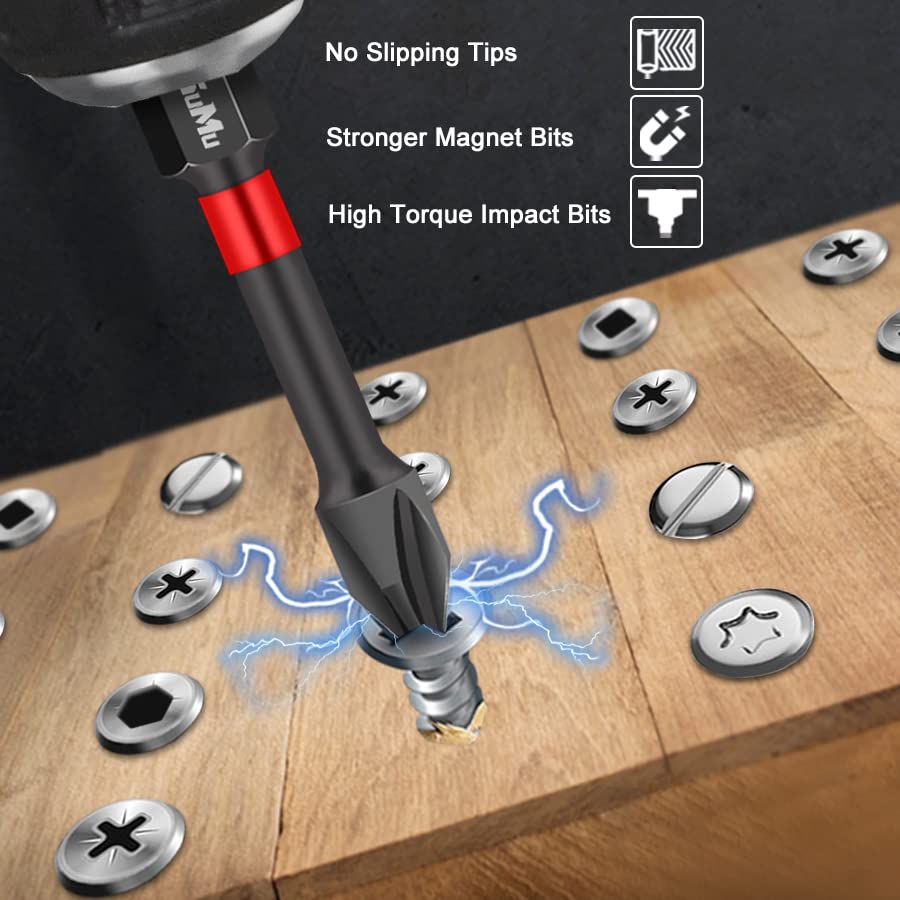 SuSuMu Impact Ready Magnetic Screwdriver Bits Set Stronger Magnet Screw Drill Bit 15PCS Anti Slip Torx Square Slotted Hex Head Phillips 2 Inch Long Drill Tips for Impact Driver Cordless Drill