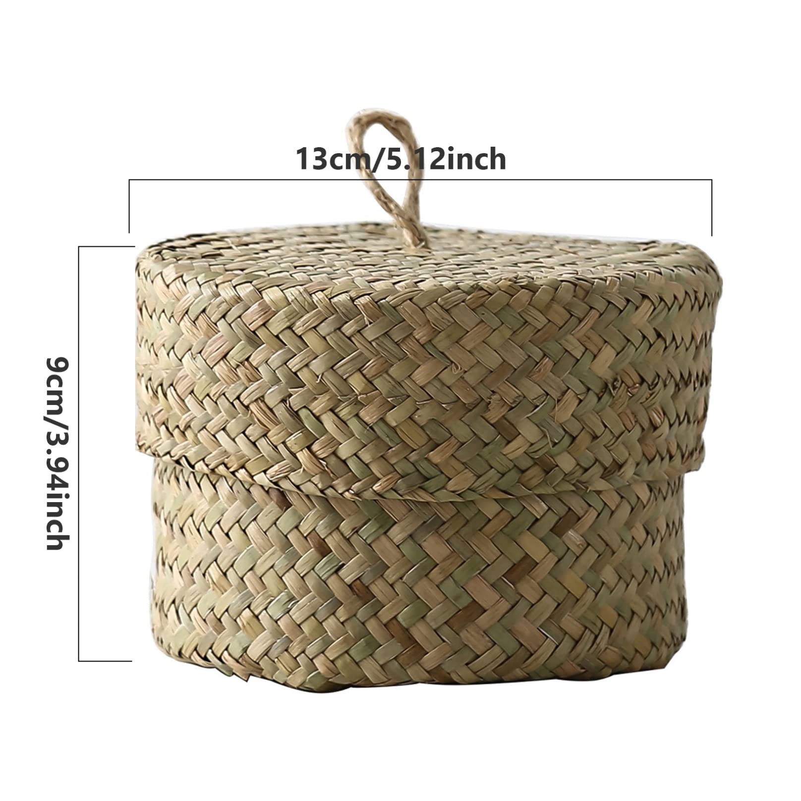 QmjdDymx Small Seagrass Storage Baskets with Lid Straw Round Storage Box with Handle Wicker Basket Home Organization for Snack, Keys Desktop Decor