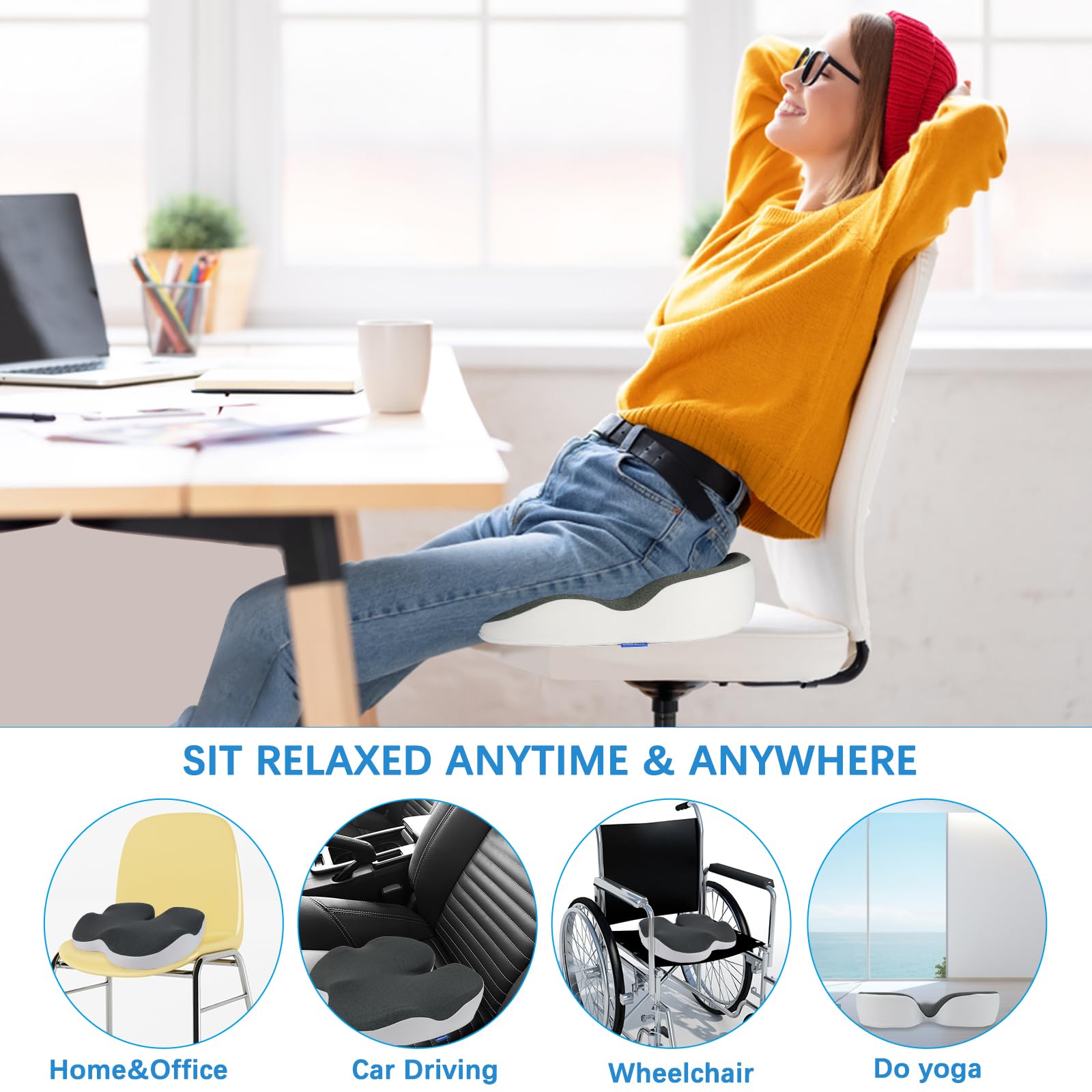 Thicked Seat Cushion for Office Chair - Memory Foam Chair Cushions for Strong Support and Comfort for All-Day Sitting, Relieves Butt Orthopedic Sciatica Hip Coccyx Pain for Car Driving, Wheelchair