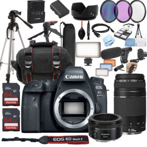 canon eos 6d mark ii dslr camera w/ef 50mm stm + 75-300mm + led always on light + 128gb memory, filters, case, tripod + more (34pc bundle kit) (renewed)