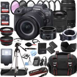 canon eos r5 mirrorless digital camera with rf 24-105mm f/4-7.1 stm lens + 75-300mm f/4-5.6 iii lens + 50mm f/1.8 stm lens + 128gb memory + case + tripod + filters (43pc bundle) (renewed)