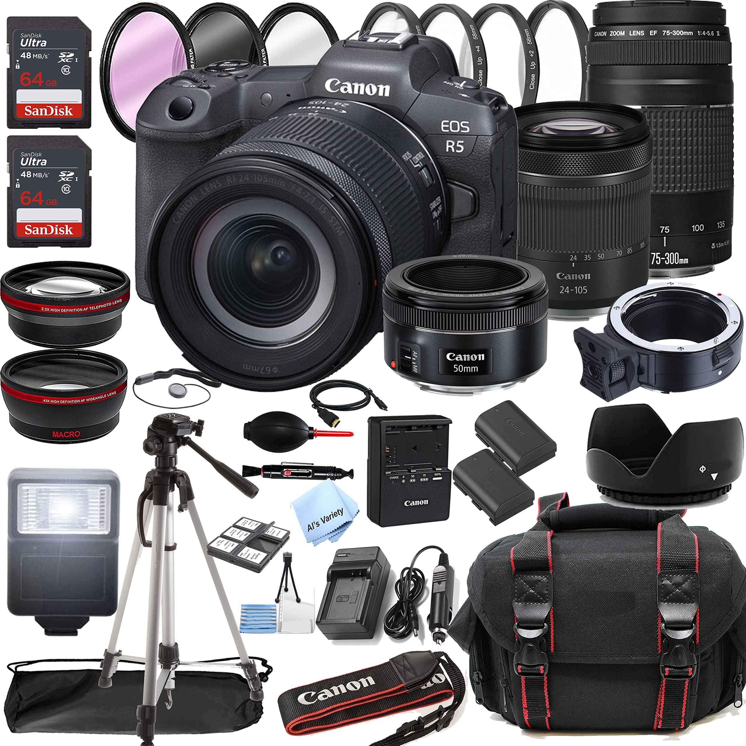 Canon EOS R5 Mirrorless Digital Camera with RF 24-105mm f/4-7.1 STM Lens + 75-300mm F/4-5.6 III Lens + 50mm f/1.8 STM Lens + 128GB Memory + Case + Tripod + Filters (43pc Bundle) (Renewed)