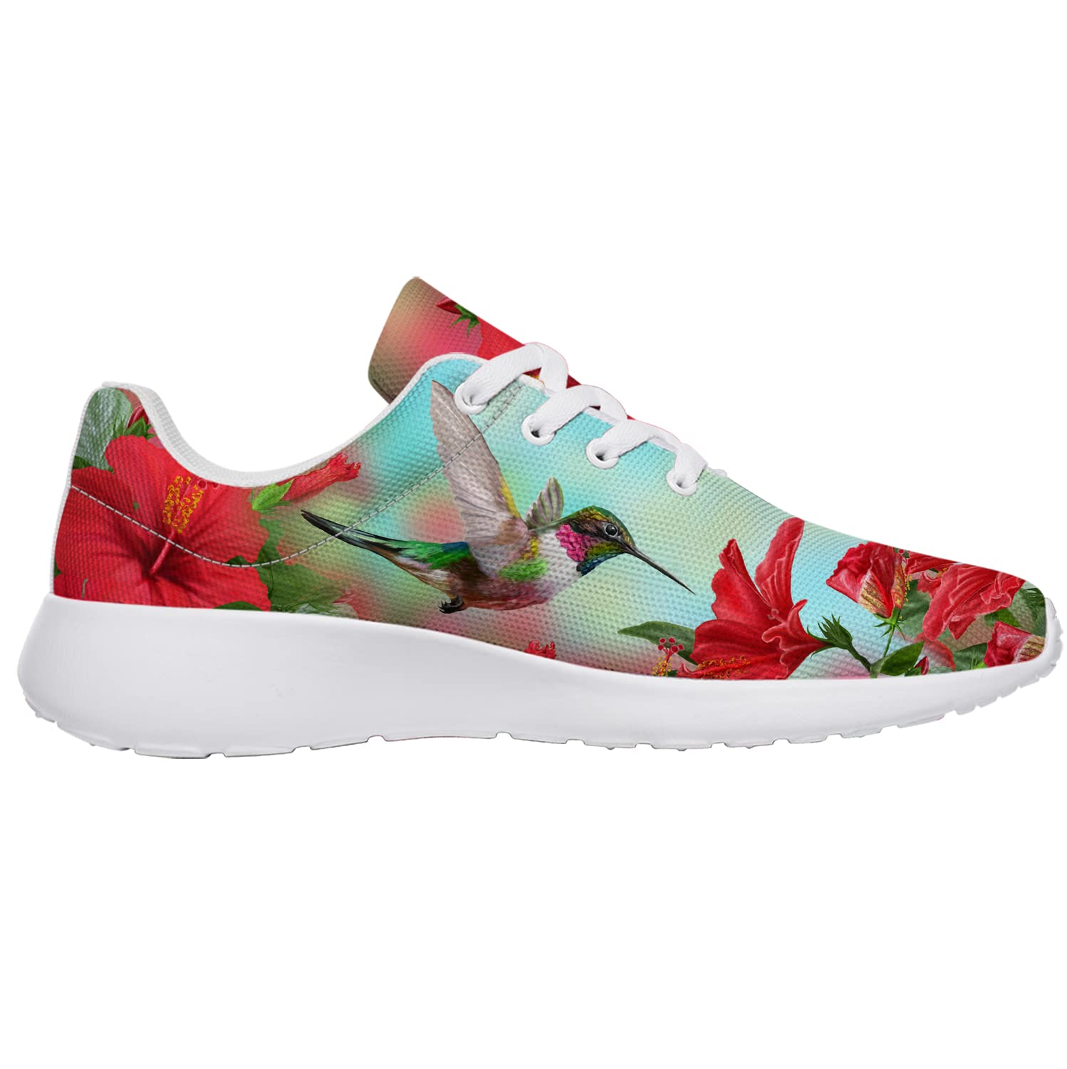 Hummingbird Shoes Girls Womens Running Shoes Tennis Walking Sneakers Red Tropical Flower Hibiscus Hummingbird Print Shoes Gifts for Friends,Size 3.5