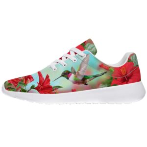 Hummingbird Shoes Girls Womens Running Shoes Tennis Walking Sneakers Red Tropical Flower Hibiscus Hummingbird Print Shoes Gifts for Friends,Size 3.5