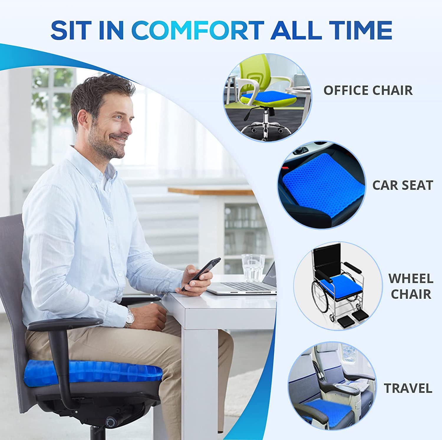 Gel Seat Cushion for Long Sitting(Super Large & Thick) - Office Chair Car Seat Cushion for Back, Sciatica, Hip, Tailbone Pain Relief - Cool, Soft & Breathable Pillow with Non-Slip Cover for Wheelchair