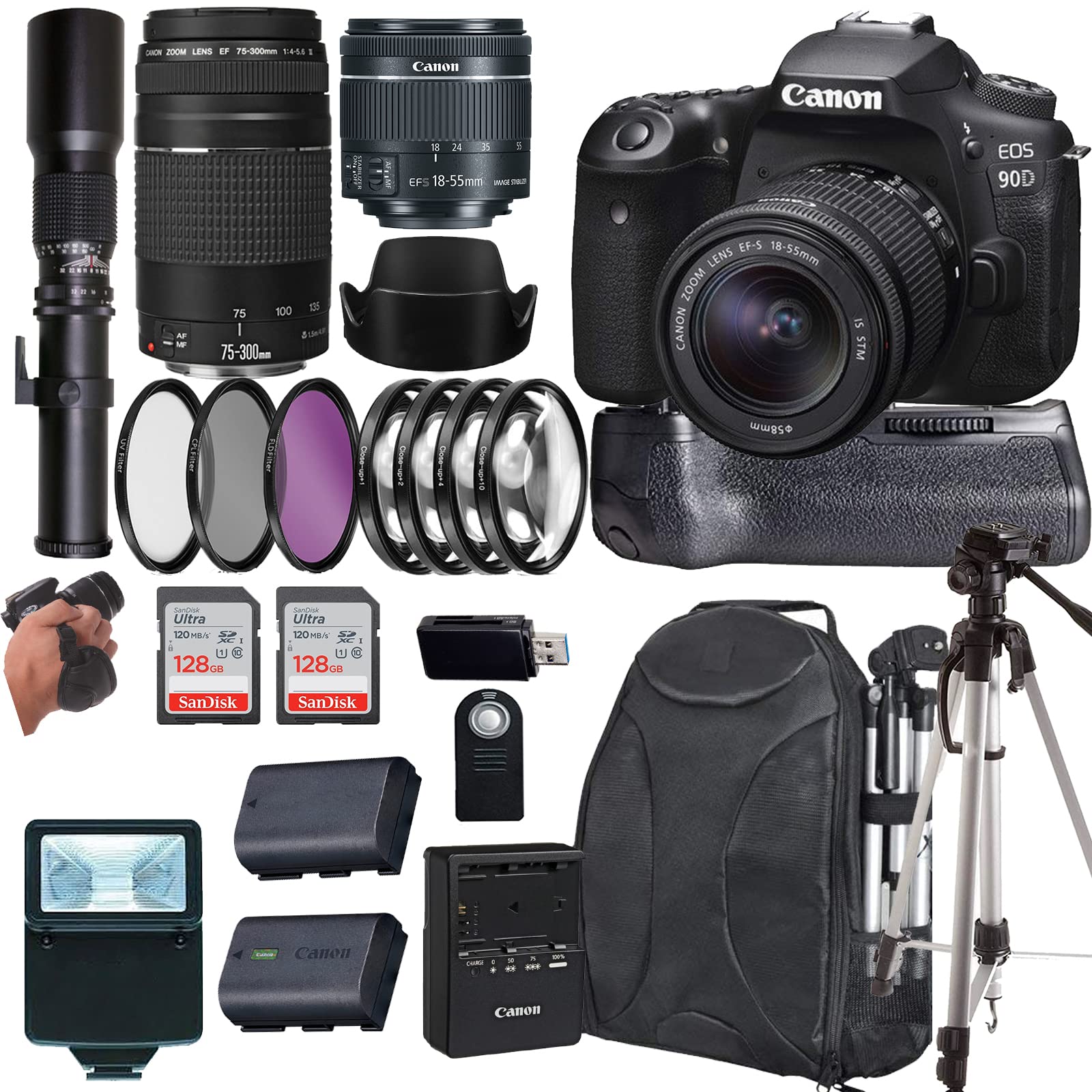 Canon EOS 90D DSLR Camera with EF-S 18-55mm is STM Lens +Canon EF 75-300mm III Lens+500mm f/8 Preset Telephoto Lens+case+256Memory Cards (24PC)