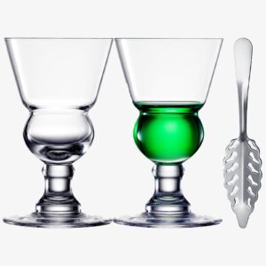 vintage crystal absinthe glasses | set of 2 with spoon | 7 oz wine savant - stemmed classic with swiss bubble reservoir, tasting, nosing & sipping, absinthe, sambuca, raki, pastis, ouzo, green fairy