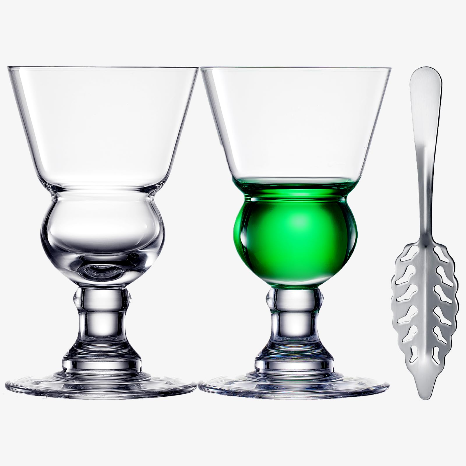 Vintage Crystal Absinthe Glasses | Set of 2 With Spoon | 7 oz Wine Savant - Stemmed Classic With Swiss Bubble Reservoir, Tasting, Nosing & Sipping, Absinthe, Sambuca, Raki, Pastis, Ouzo, Green Fairy