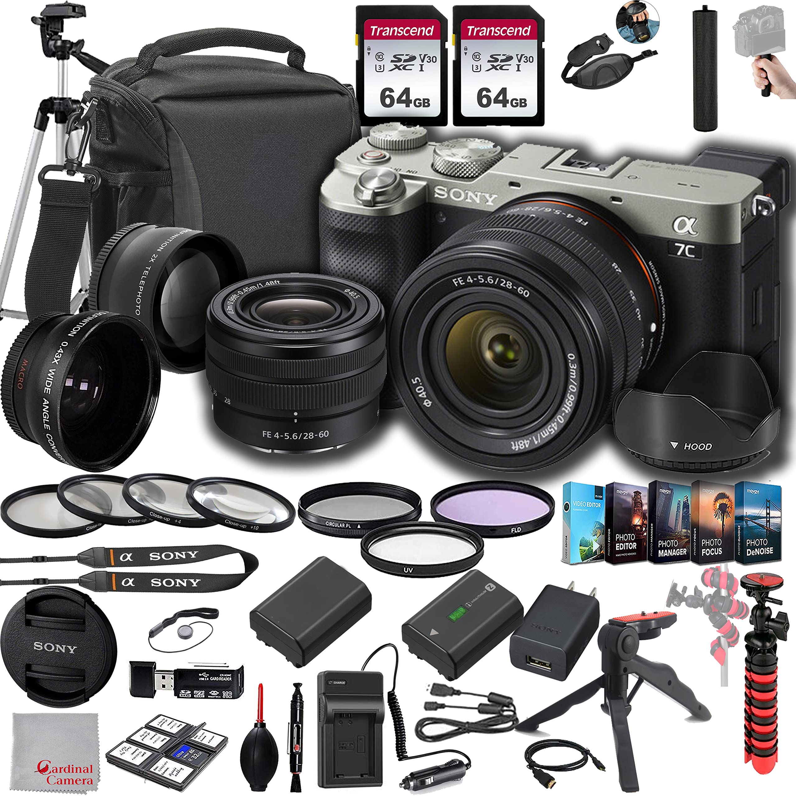 Sony a7C (Silver) Mirrorless Camera with 28-60mm Lens ILCE7CL/S, 128GB Memory.43 Wide & 2X Lenses, Case. Tripod, Filters, Hood, Grip,Spare Battery & Charger, Software Kit -Deluxe Bundle