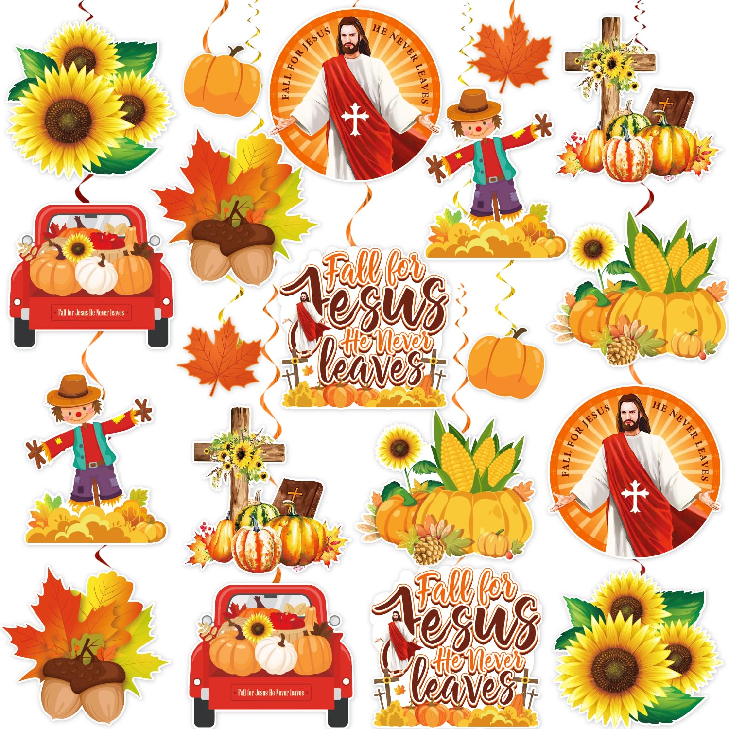 40 Pcs Fall For Jesus He Never Leaves Hanging Decorations, NO-DIY Fall Party Decorations Hanging Swirls, Christian Fall Decorations Whirls Glitter Foil Ceiling Swirls