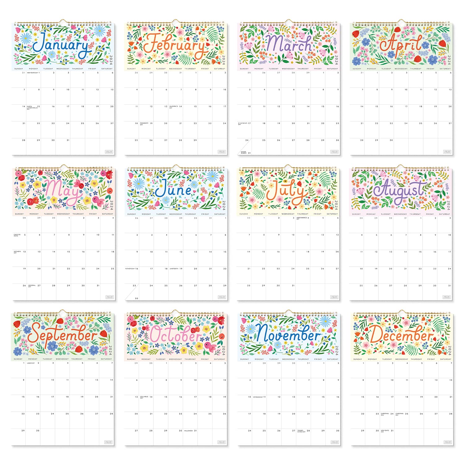 S&O Five Color Floral 2024 Wall Calendar Runs from Now to December 2024 - Tear-Off Monthly Calendar - Academic Wall Calendar - Hanging Calendar to Track Anniversaries & Appointments - 13.5"x10.5”in