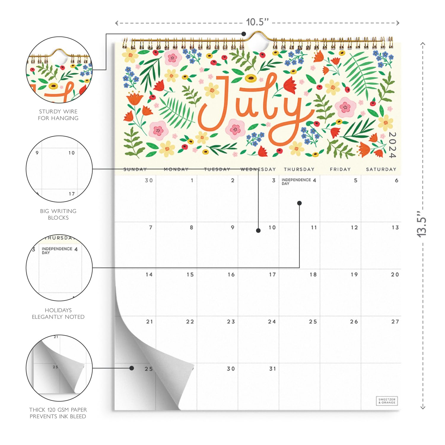 S&O Five Color Floral 2024 Wall Calendar Runs from Now to December 2024 - Tear-Off Monthly Calendar - Academic Wall Calendar - Hanging Calendar to Track Anniversaries & Appointments - 13.5"x10.5”in