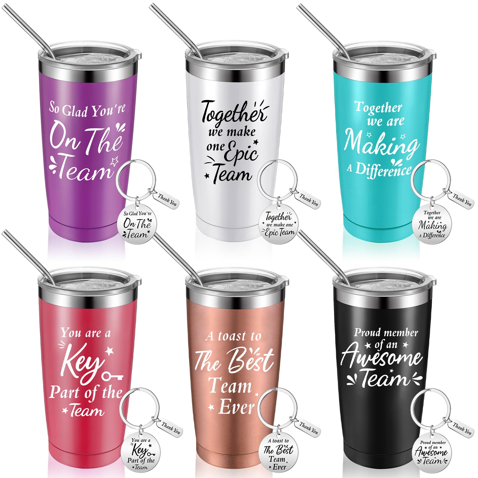 Dandat Employee Appreciation Gifts Bulk Thank You for Coworkers Stainless Steel Wine Tumbler with Lid and Straw 20 oz Insulated Wine Cups Wine Glasses Bulk with Keychain (Bright Colors, 6 Sets)