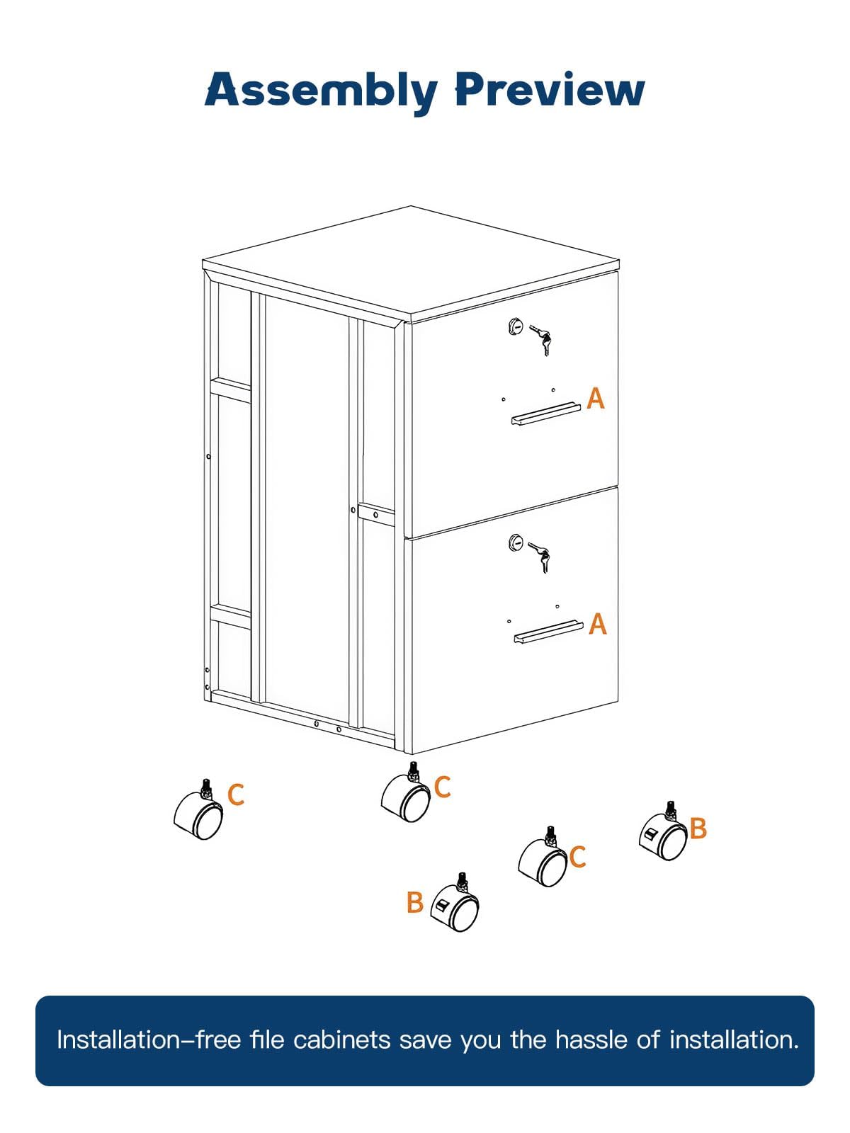 AODK Mobile File Cabinet Fully Assembled Filing Cabinet for Home Office, Small File Cabinets with Lock, Office Storage Cabinet 2 Drawer for Legal/Letter/A4 File, White